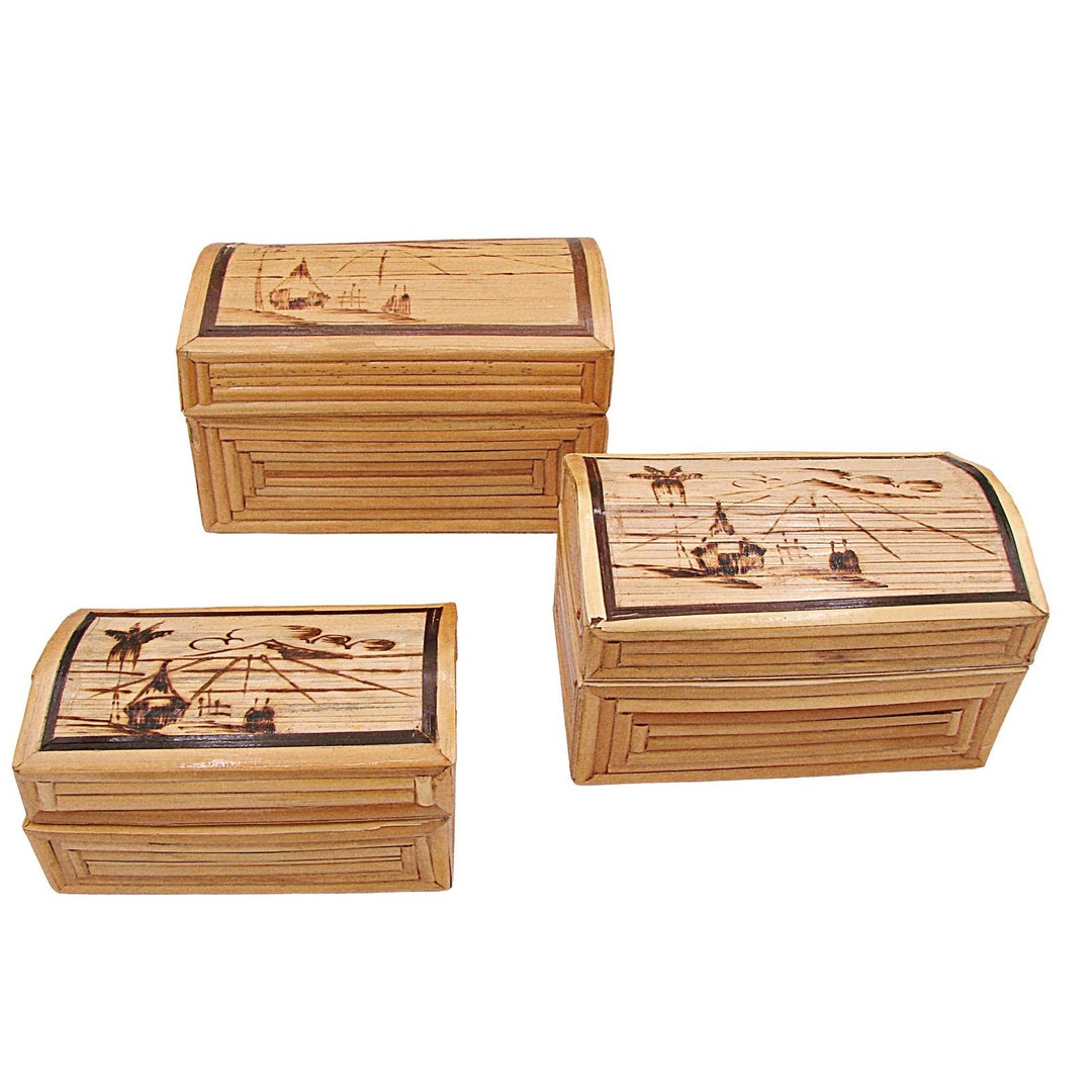 Vintage Asian Theme Woven Bamboo Nesting Boxes Red Velvet Lined With ...