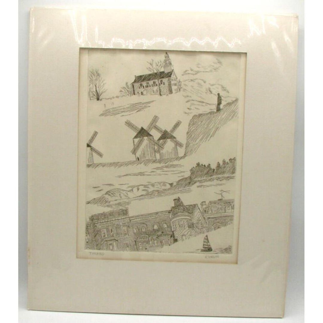 Thinking Signed Artist R. Jordan Windmill Church Village Pencil Art ...