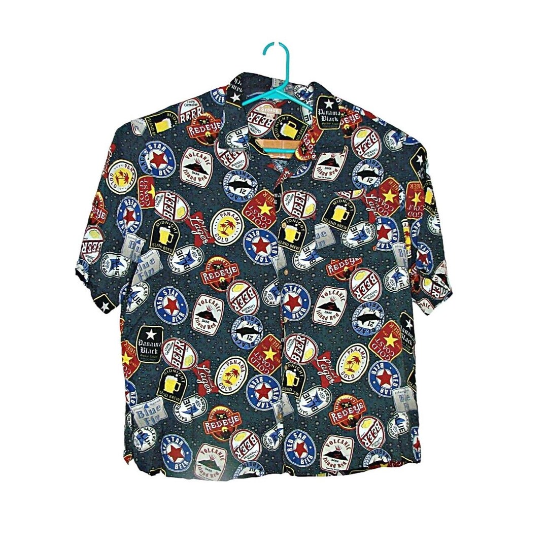 Beer Brand Theme All Over Print Button up Shirt Mens 2X George Rayon ...