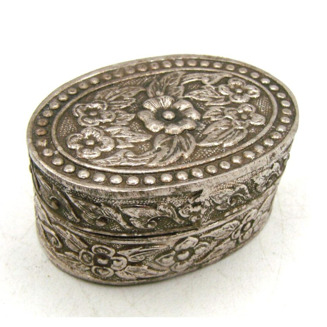Antique Chinese Pill Box Trinket Silver Tone Floral Oval Repousse ...