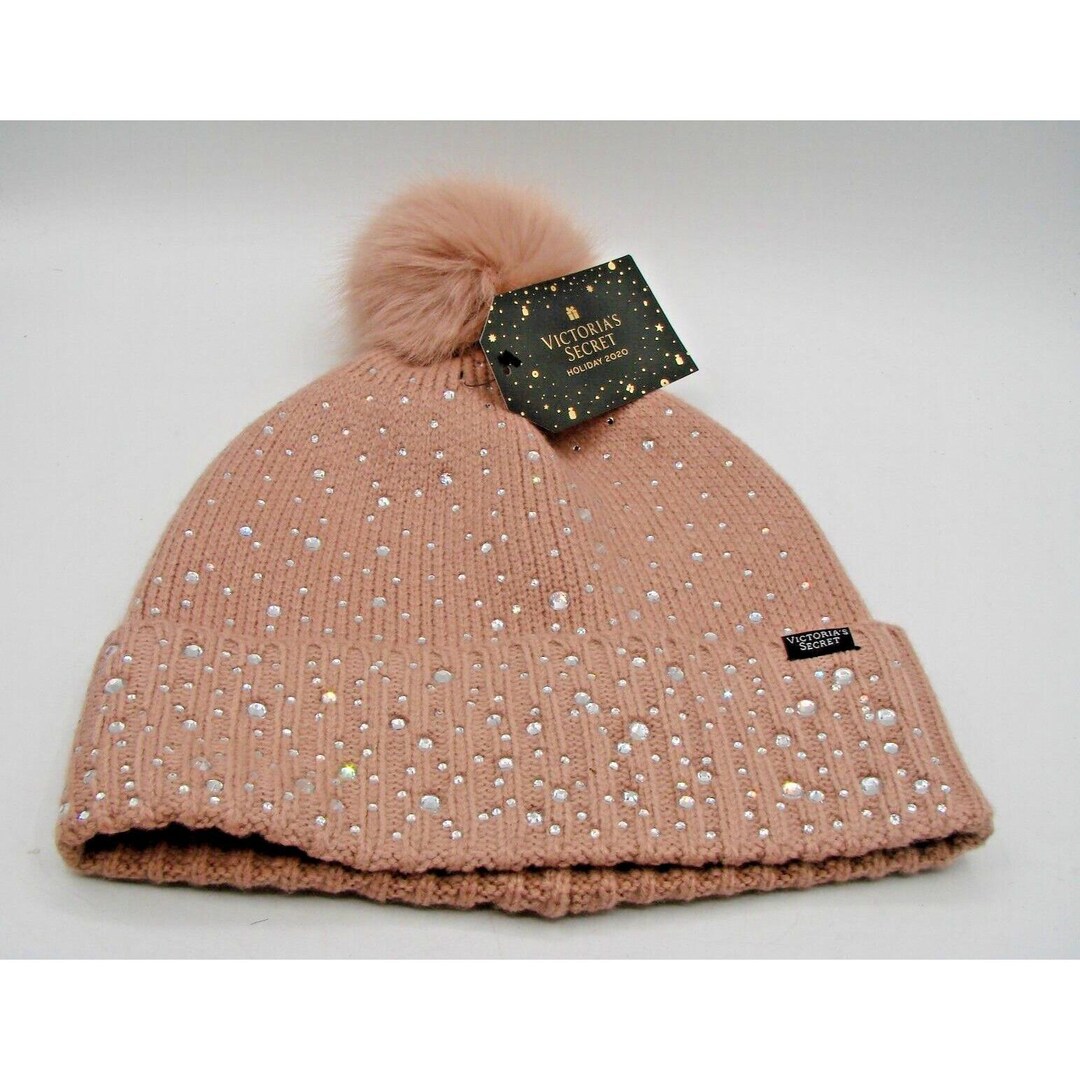 NEW Victorias Secret Rhinestone Embellished Pom Pom Hat Beanie Sparkle ...