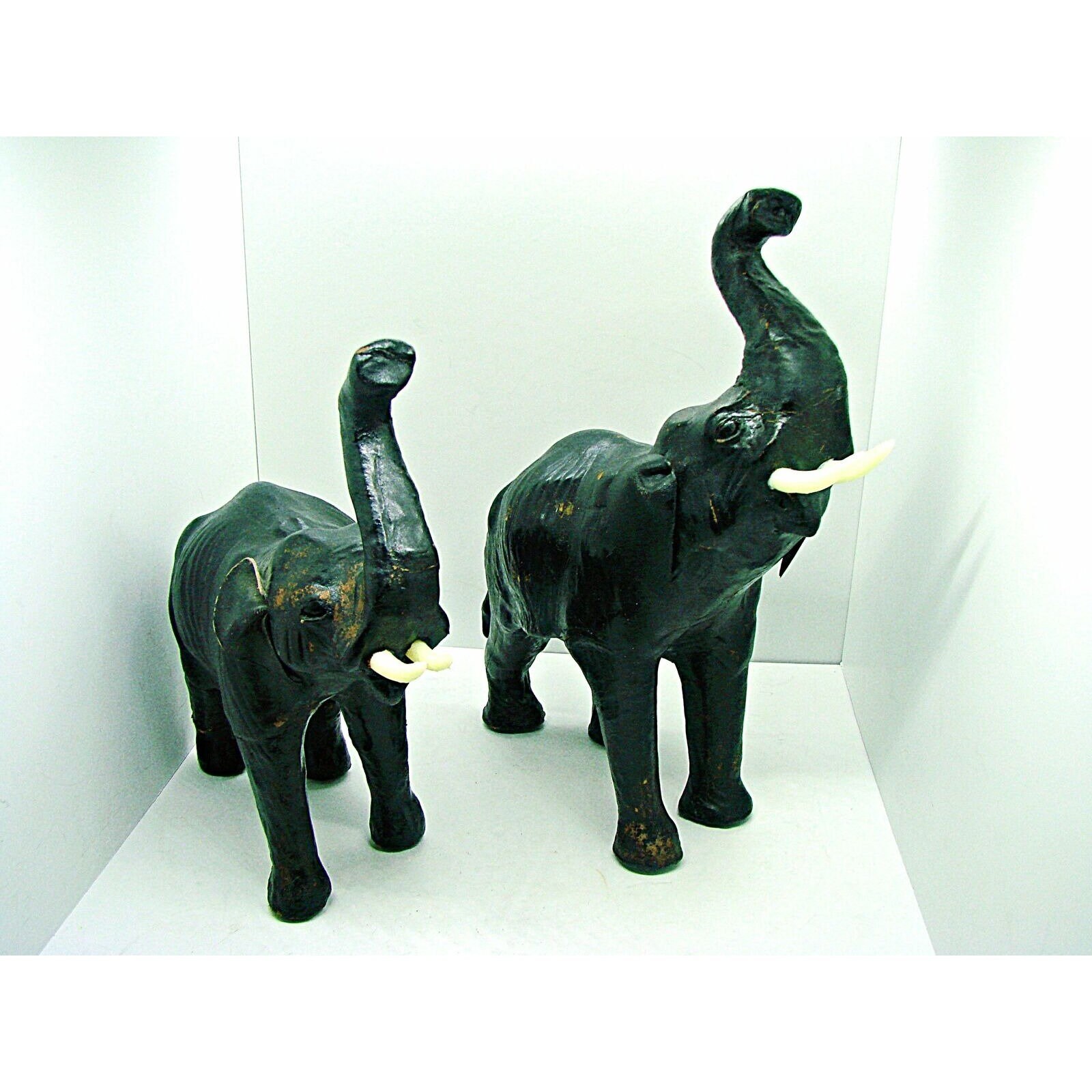 Leather Wrapped Elephant Sculptures Trunks up Tusks Good Luck Mom Baby ...