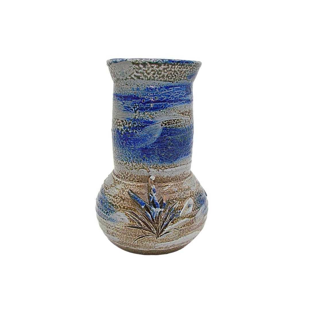 Vintage Handcrafted Pottery Vase Jar Floral Blue Gray Brown 8" Signed ...
