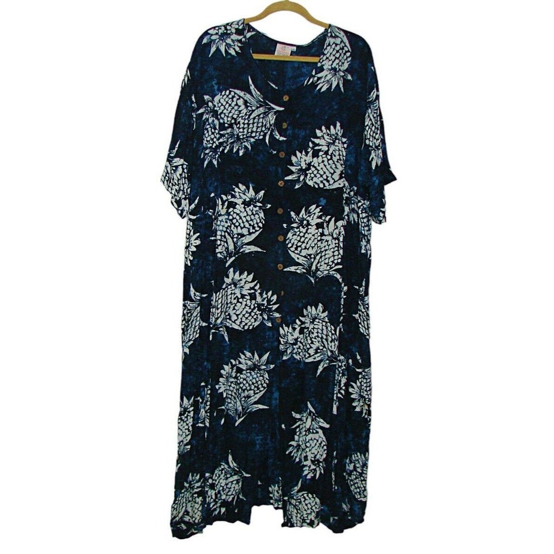 Pineapple Moon Full Maxi Dress Blue Button up Rayon Comfort Island ...