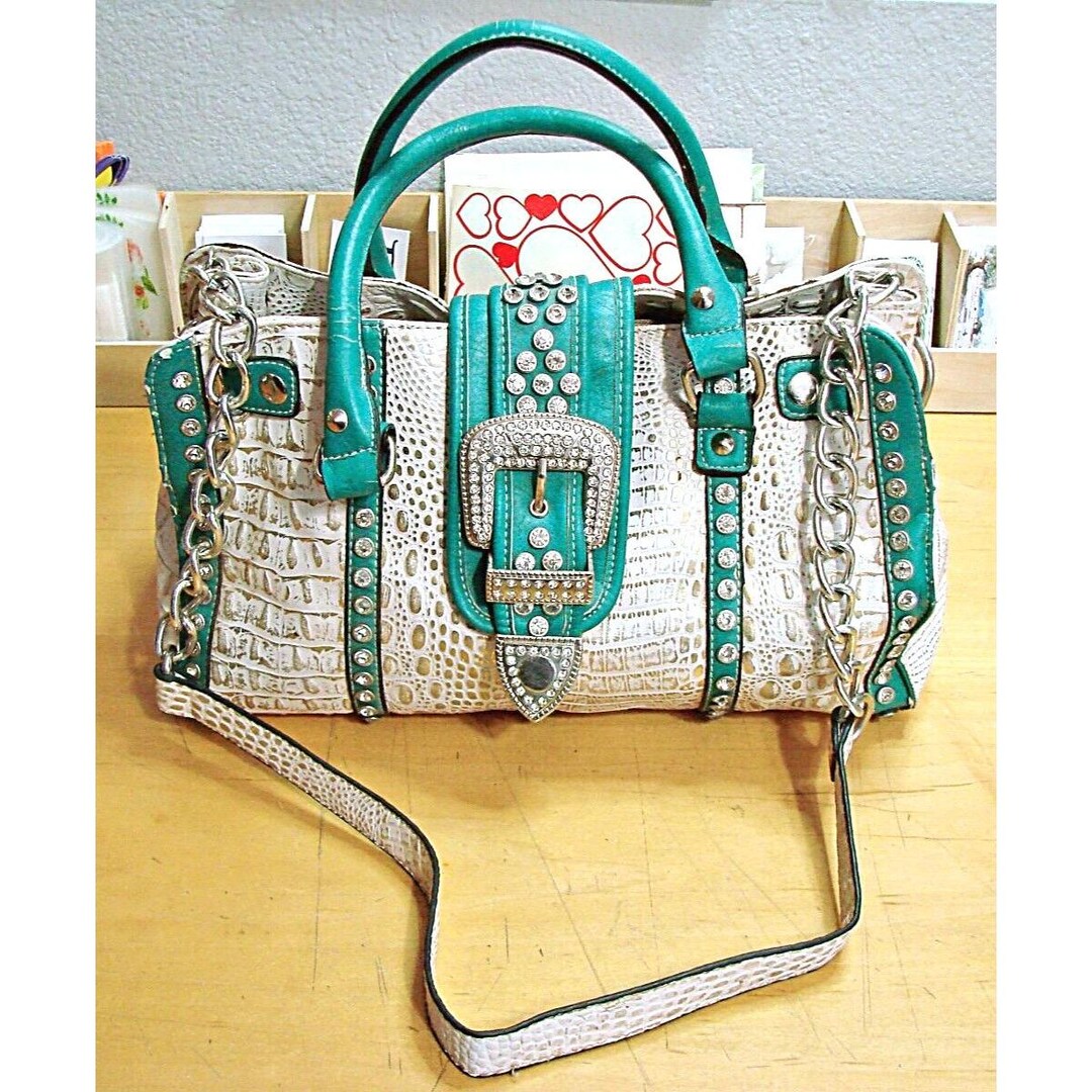 Western Buckle Bling Large Handbag Purse White Gold Turquoise ...
