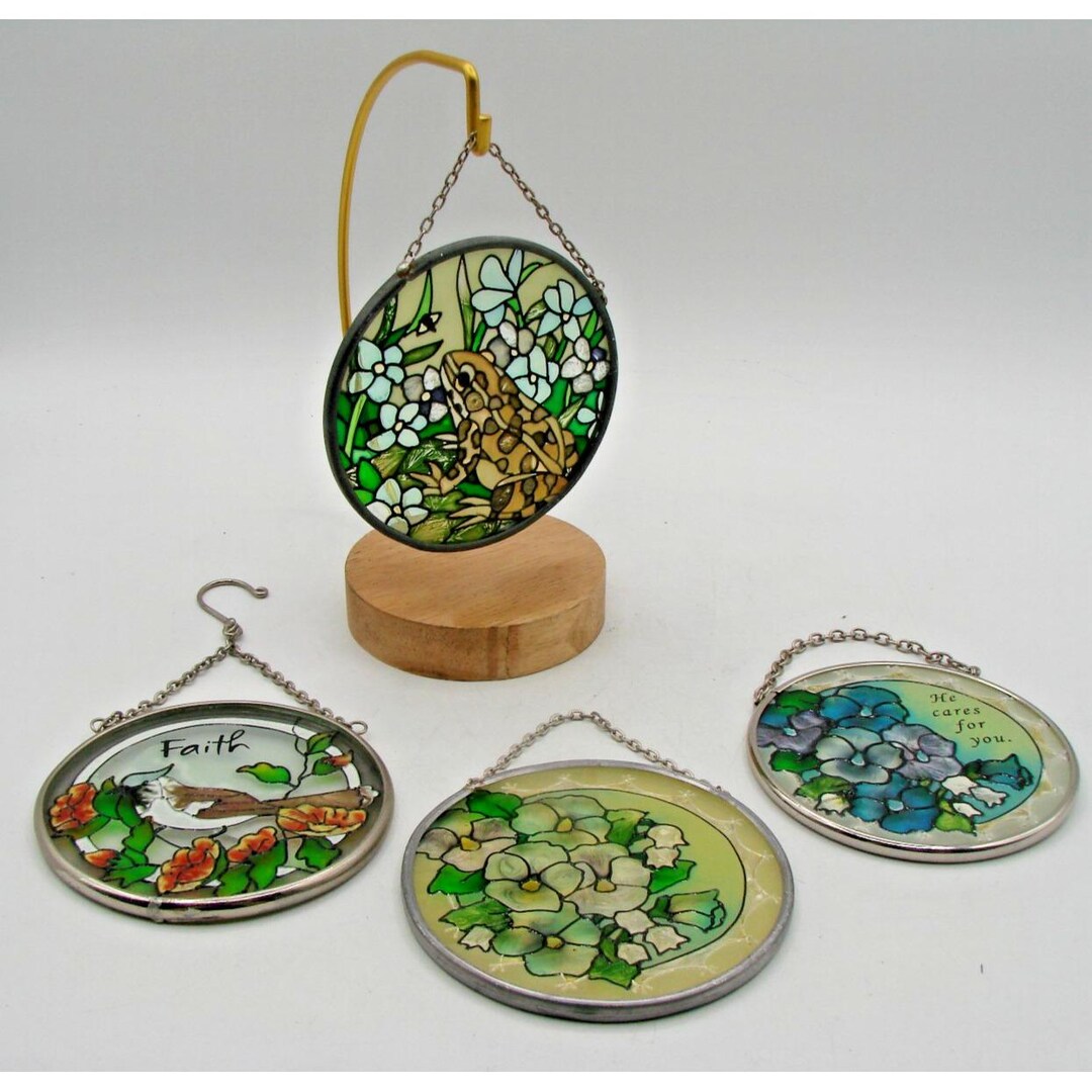 Stained Glass Suncatchers & Hanging Stand Set Floral Bird Religious ...