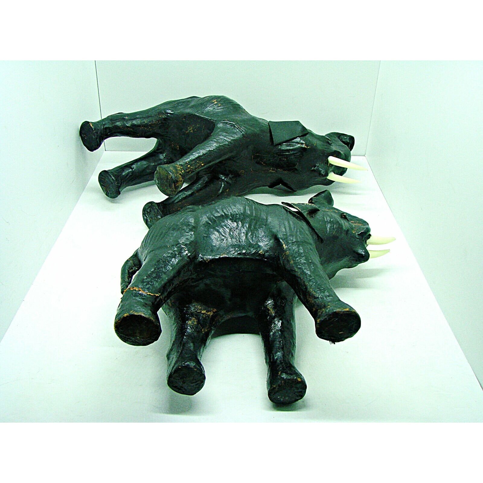 Leather Wrapped Elephant Sculptures Trunks up Tusks Good Luck Mom Baby ...