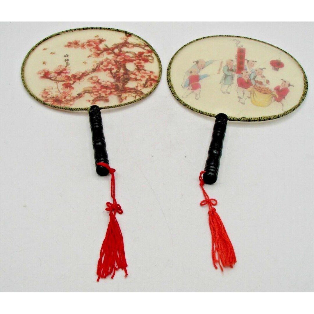 Asian Silk Paddle Fans Hand Paint Cherry Blossom Black Wood Handle ...