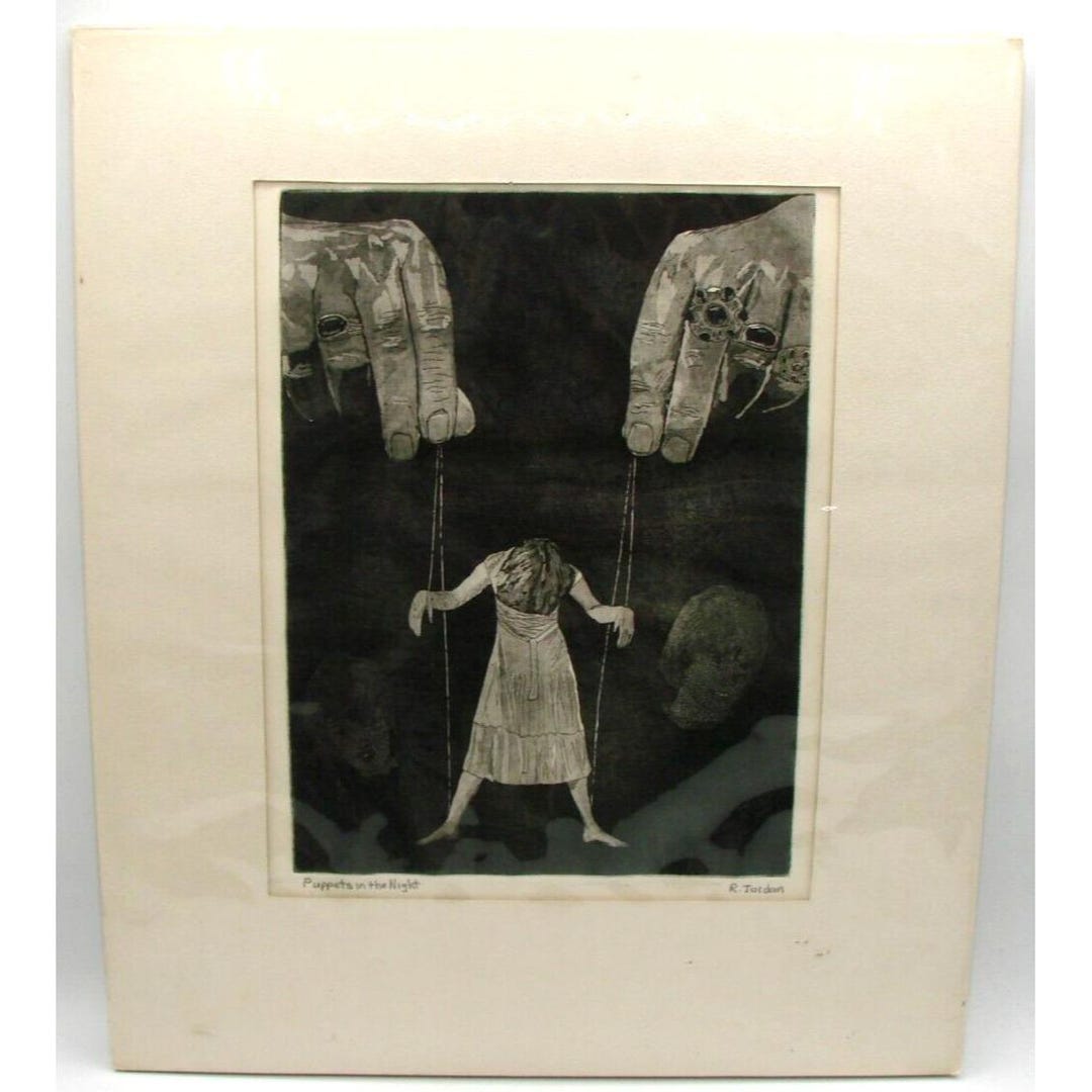 R. Jordan Signed Puppets in the Night Pencil Art Drawings Art Deco ...