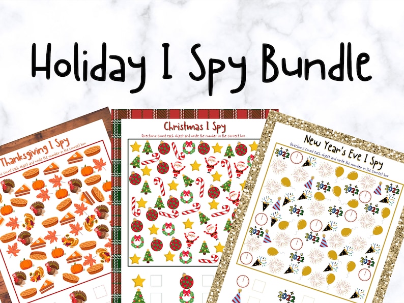 Holiday I Spy Printable Bundle | Thanksgiving | Christmas | New Year's ...