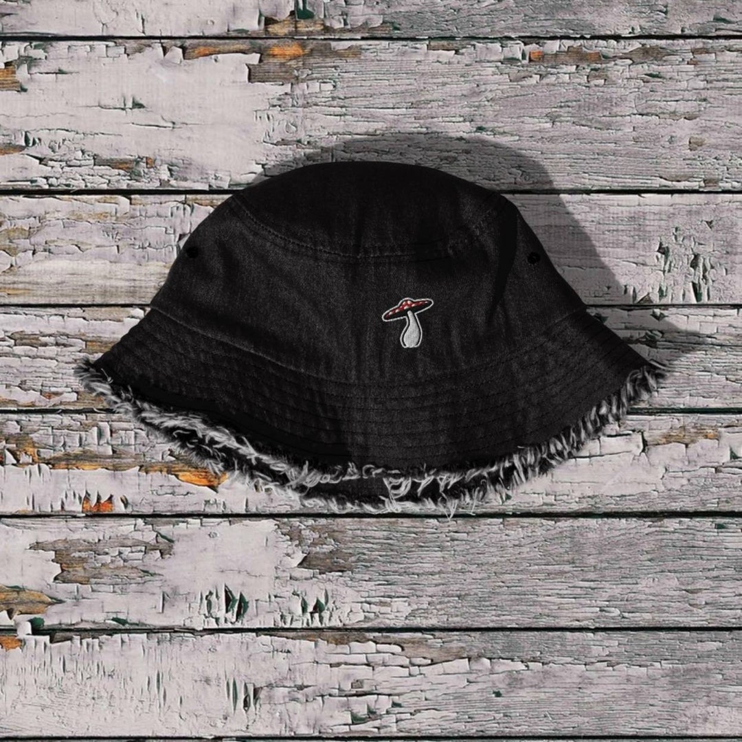 Mushroom Embroidered Distressed Denim Bucket Hat | Trendy Oldschool ...