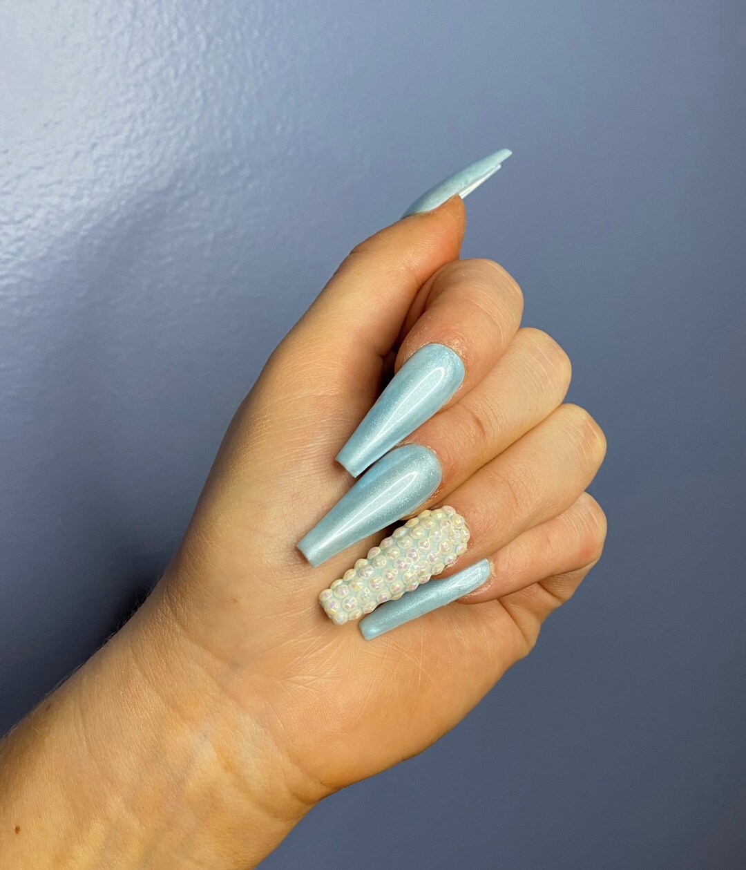 Baby Blue Pearl Nails / Coffin Nails / Press on Nails / Glue on Nails ...
