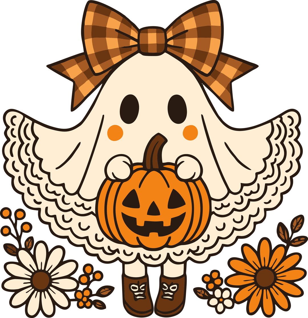 Cute Ghost With Pumpkin SVG – Plaid Bow Halloween Clipart (digital File) - Etsy