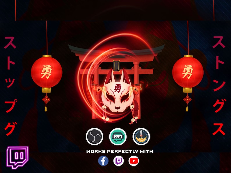 Kitsune Mask Animated Twitch Overlay Package , Japanese Kitsune Red ...