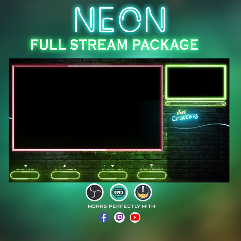 Neon Green Animated Stream Overlay Package Retro Screens Facecam Alerts ...