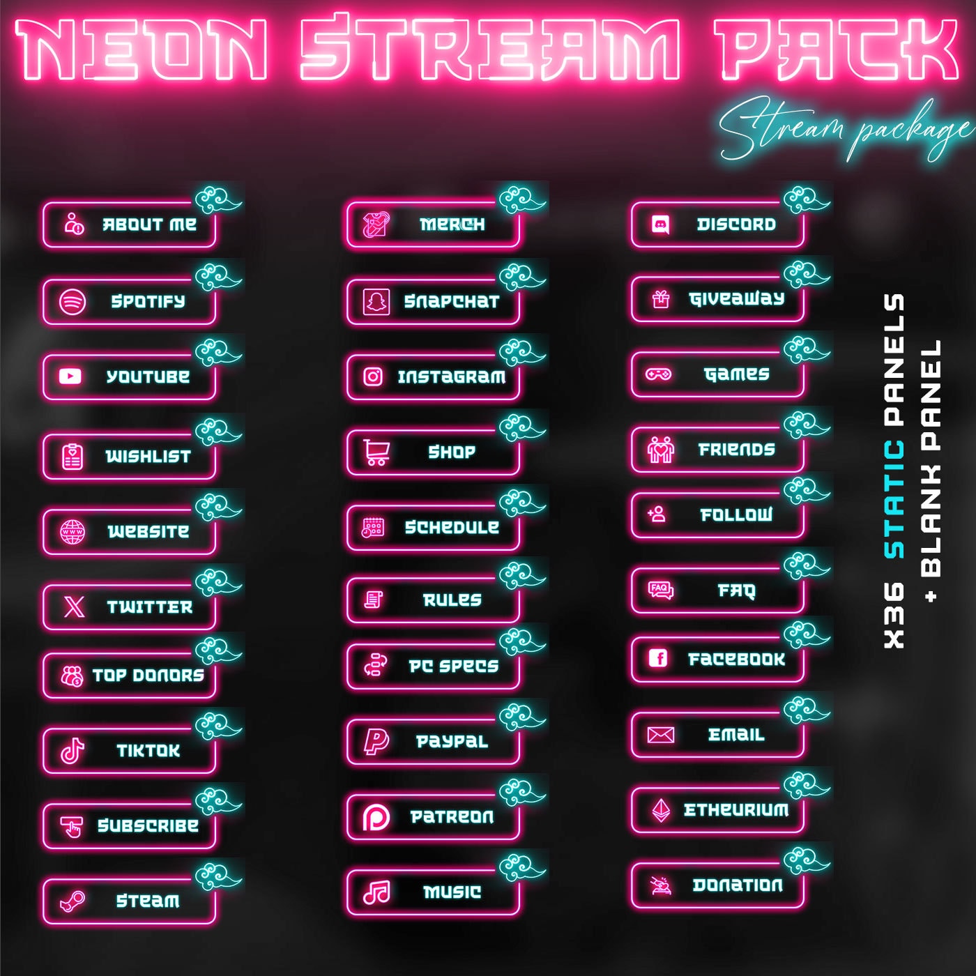 Animated Stream Package Blue Retro Neon Twitch Overlay Animated Alerts ...