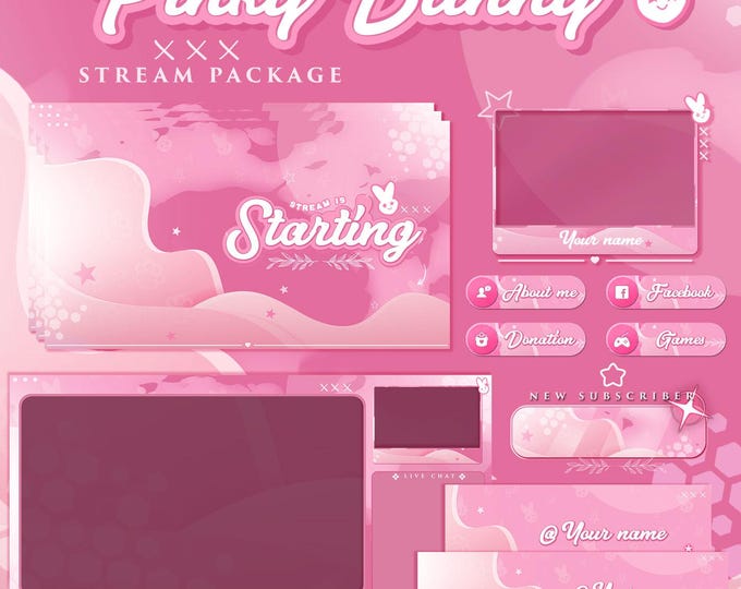 Pink Anime Bunny Twitch Overlay Package, Animated Lofi Stream Scenes ...