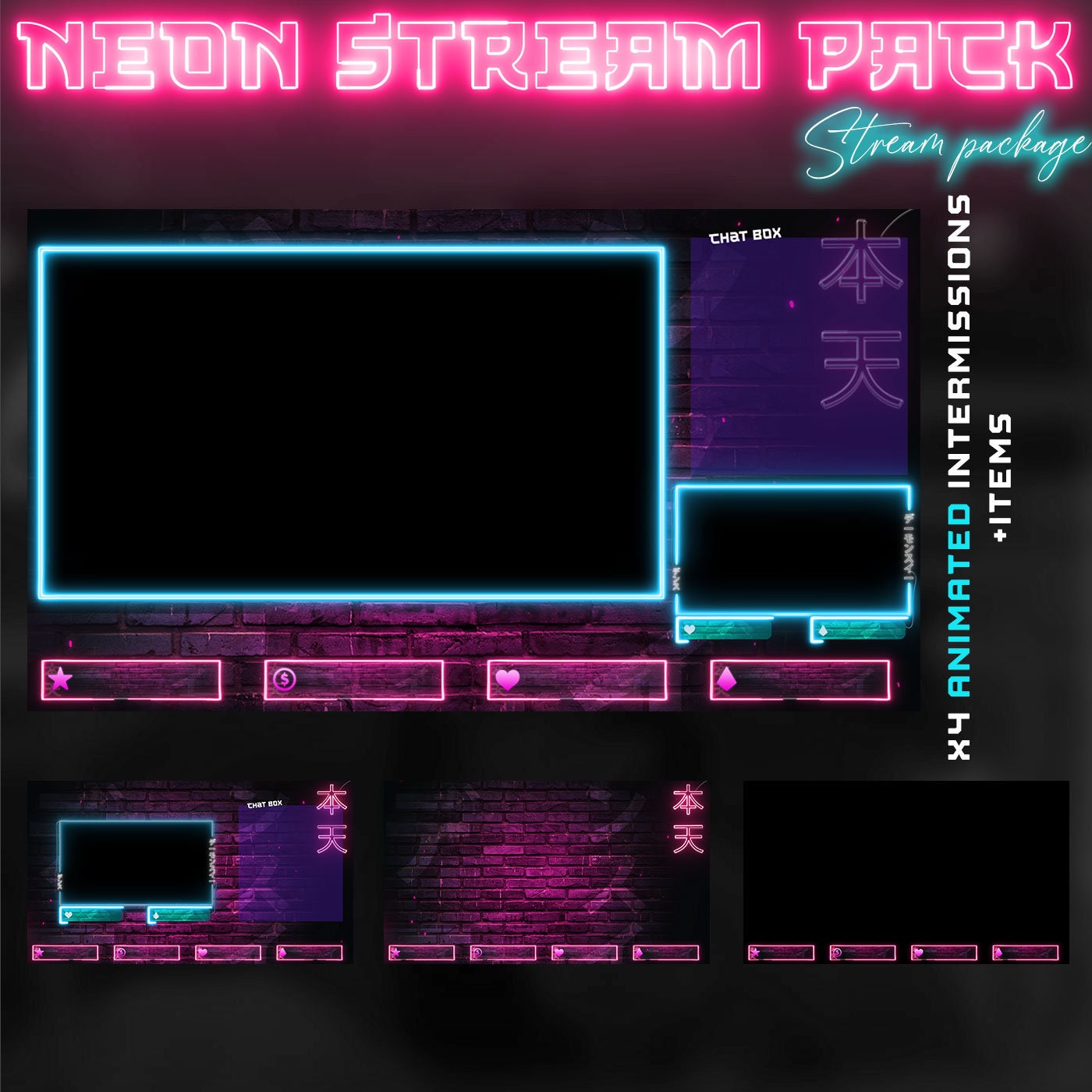 Animated Stream Package Blue Retro Neon Twitch Overlay Animated Alerts ...