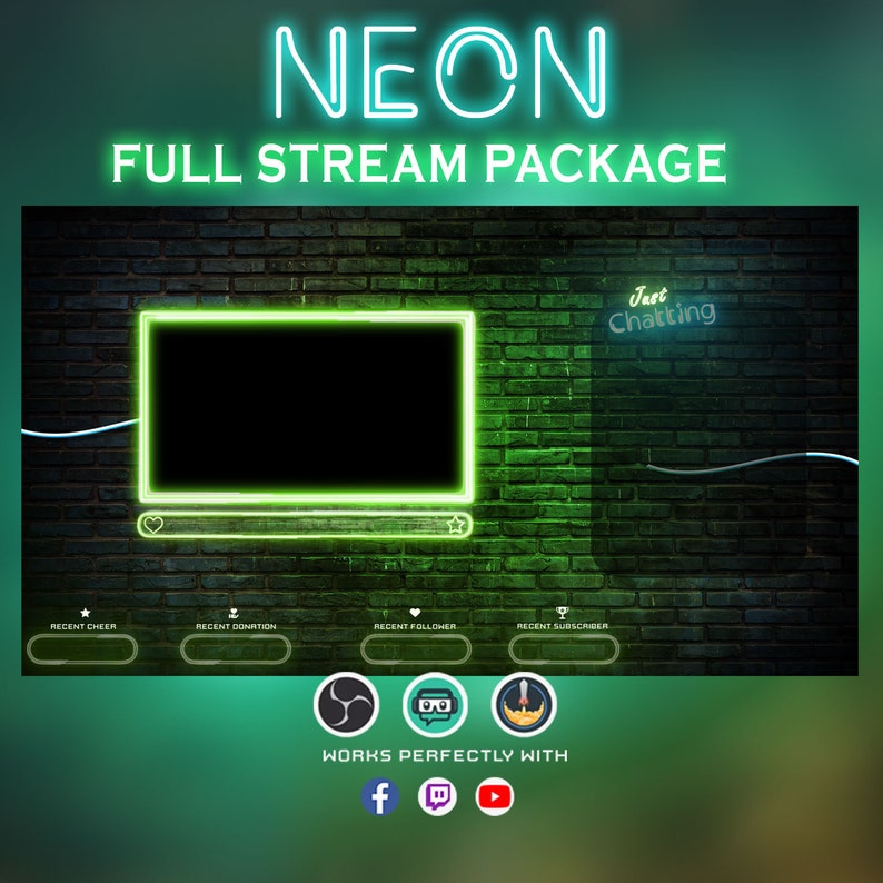 Neon Green Animated Stream Overlay Package Retro Screens Facecam Alerts ...