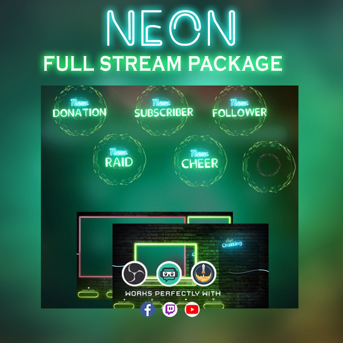 Neon Green Animated Stream Overlay Package Retro Screens Facecam Alerts ...