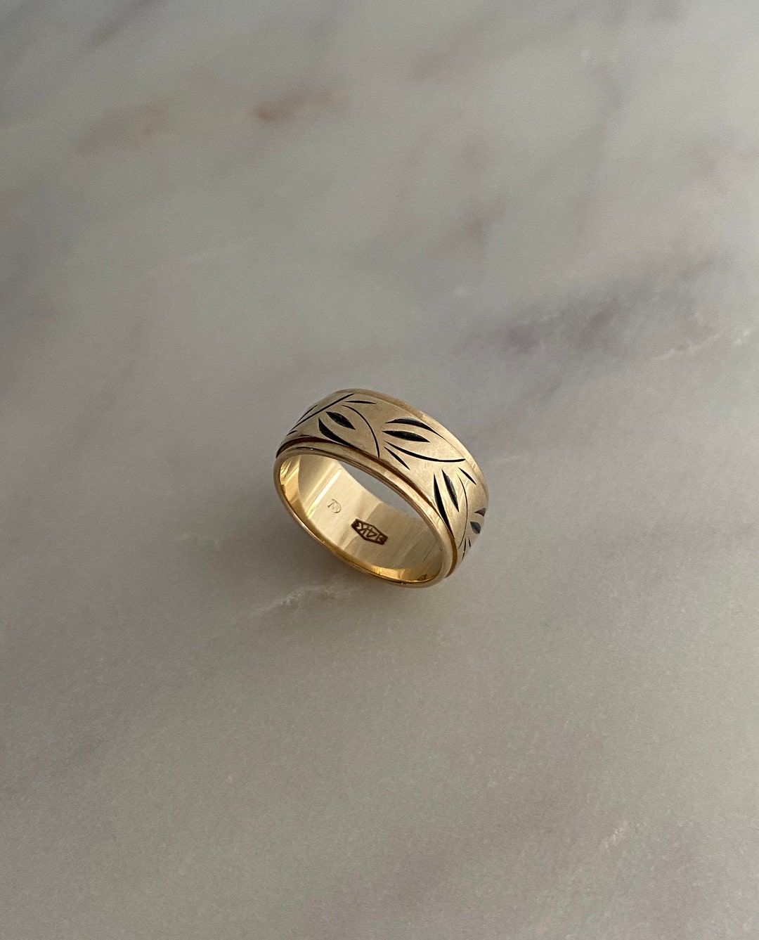 Vintage 14k Yellow Gold Etched Wide Wedding Band - Etsy
