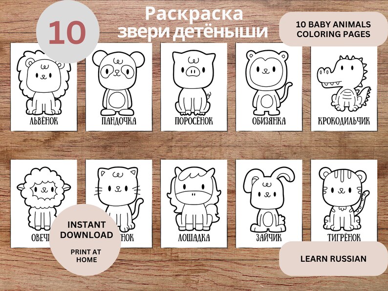 Russian Coloring Pages | Cute Baby Animals | 10 Pages | звери детёныши ...