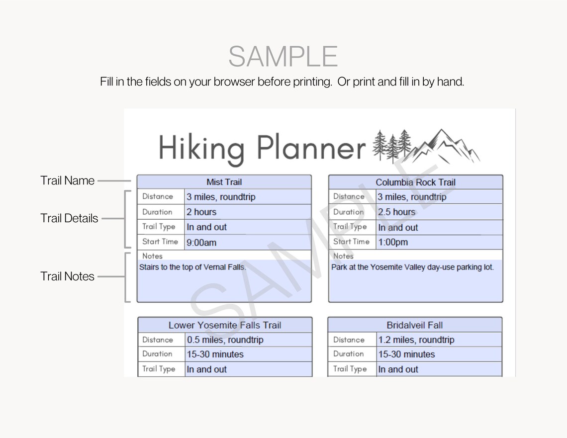 Hiking Planner, Trail Planner, Hiking Trip Itinerary Planner, Daily ...
