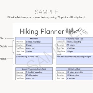 Hiking Planner, Trail Planner, Hiking Trip Itinerary Planner, Daily ...