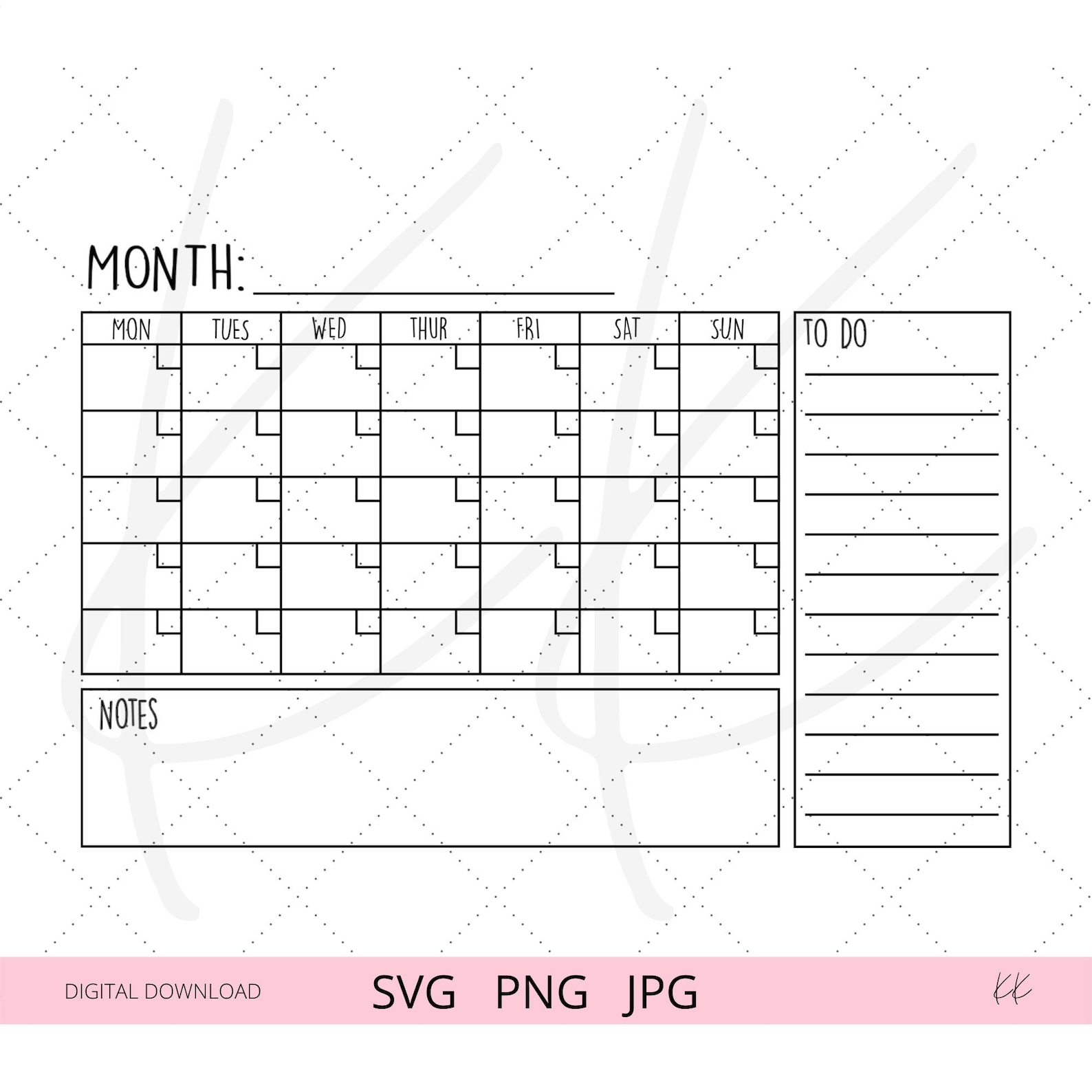 Monthly Calendar SVG, Digital Download Calendar, Calendar Printable ...