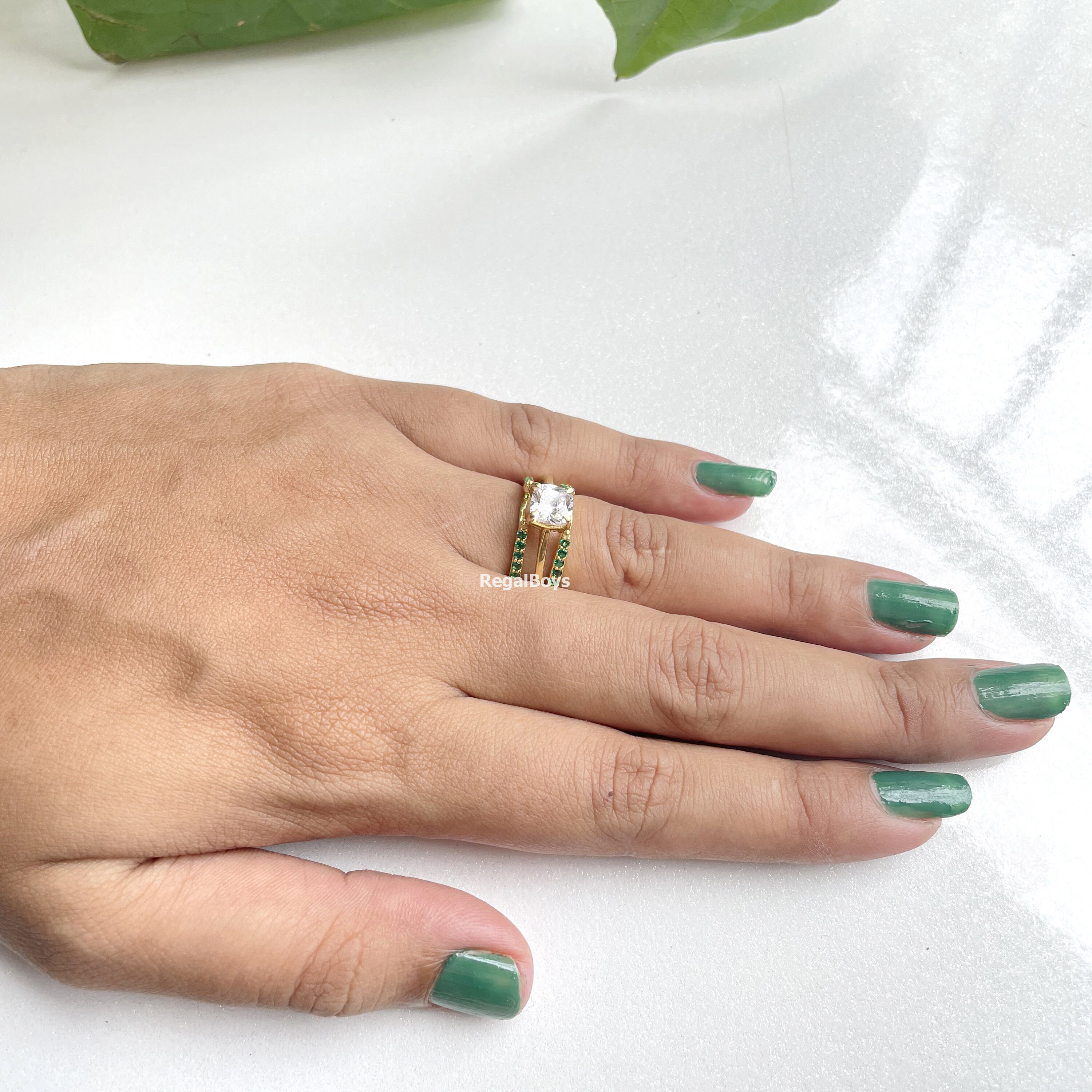 Round Green Emerald Enhancer Ring, 14K Gold Finish Emerald Ring Guard ...