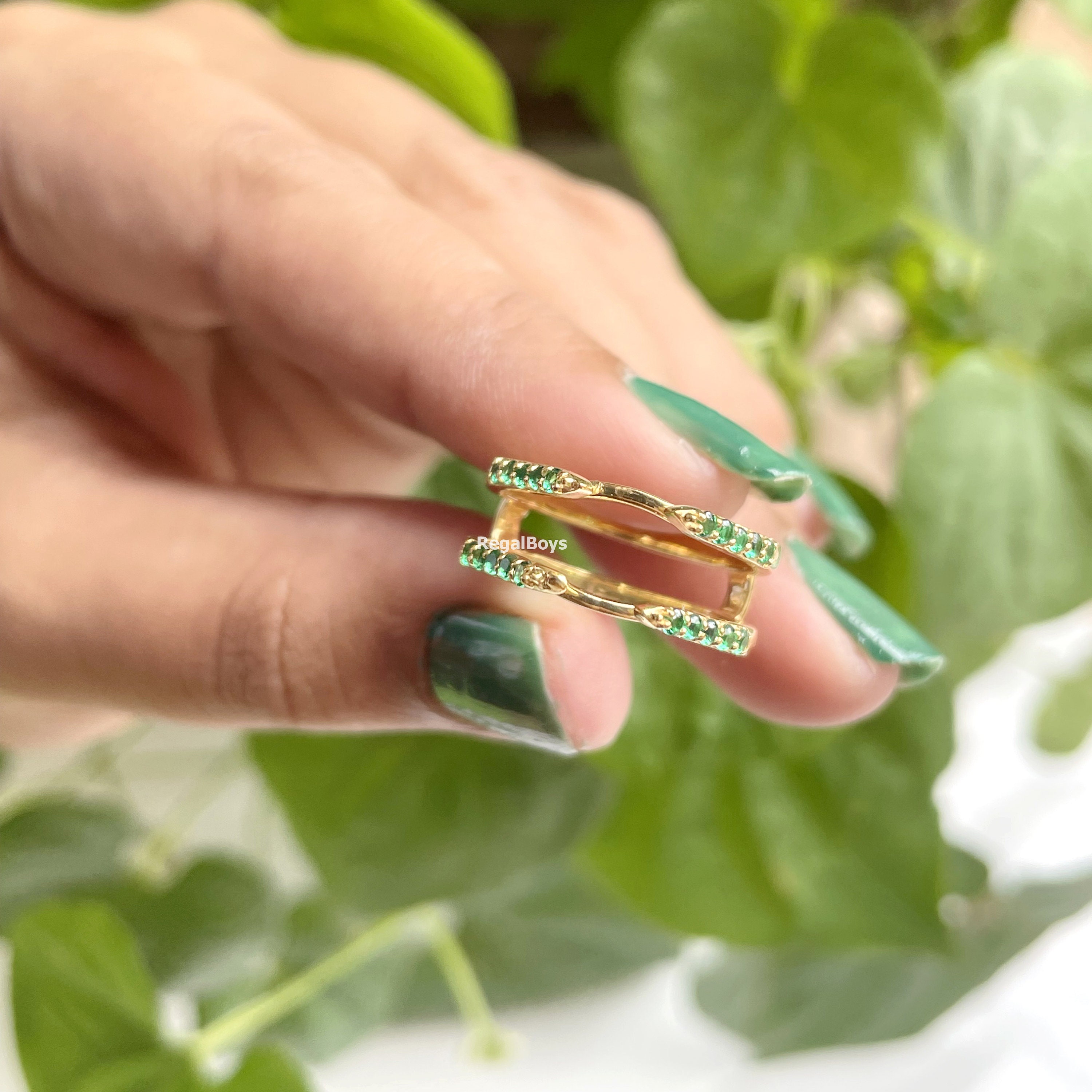 Round Green Emerald Enhancer Ring, 14K Gold Finish Emerald Ring Guard ...