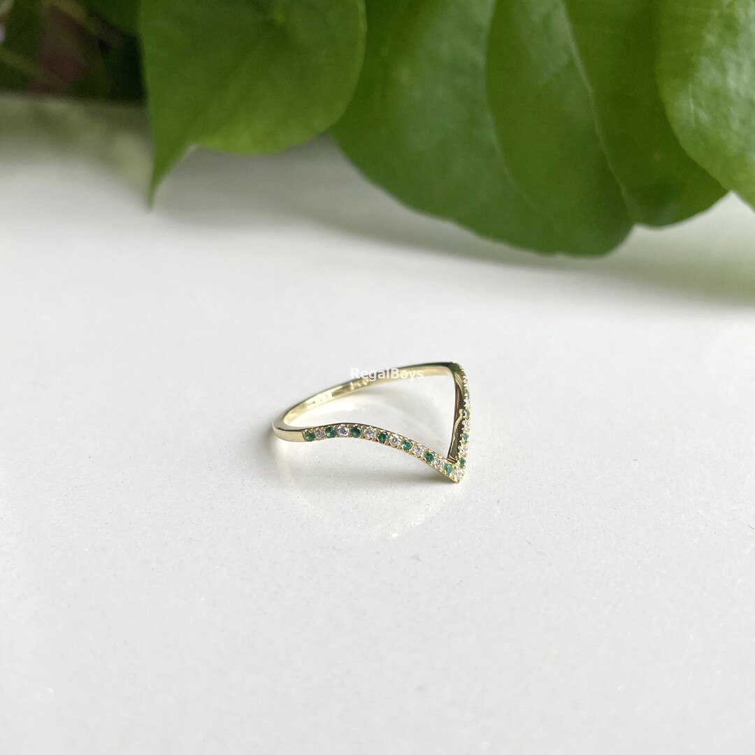 Round Emerald Diamond V Sahpe Wedding Band, 14K Gold Finish Wedding ...