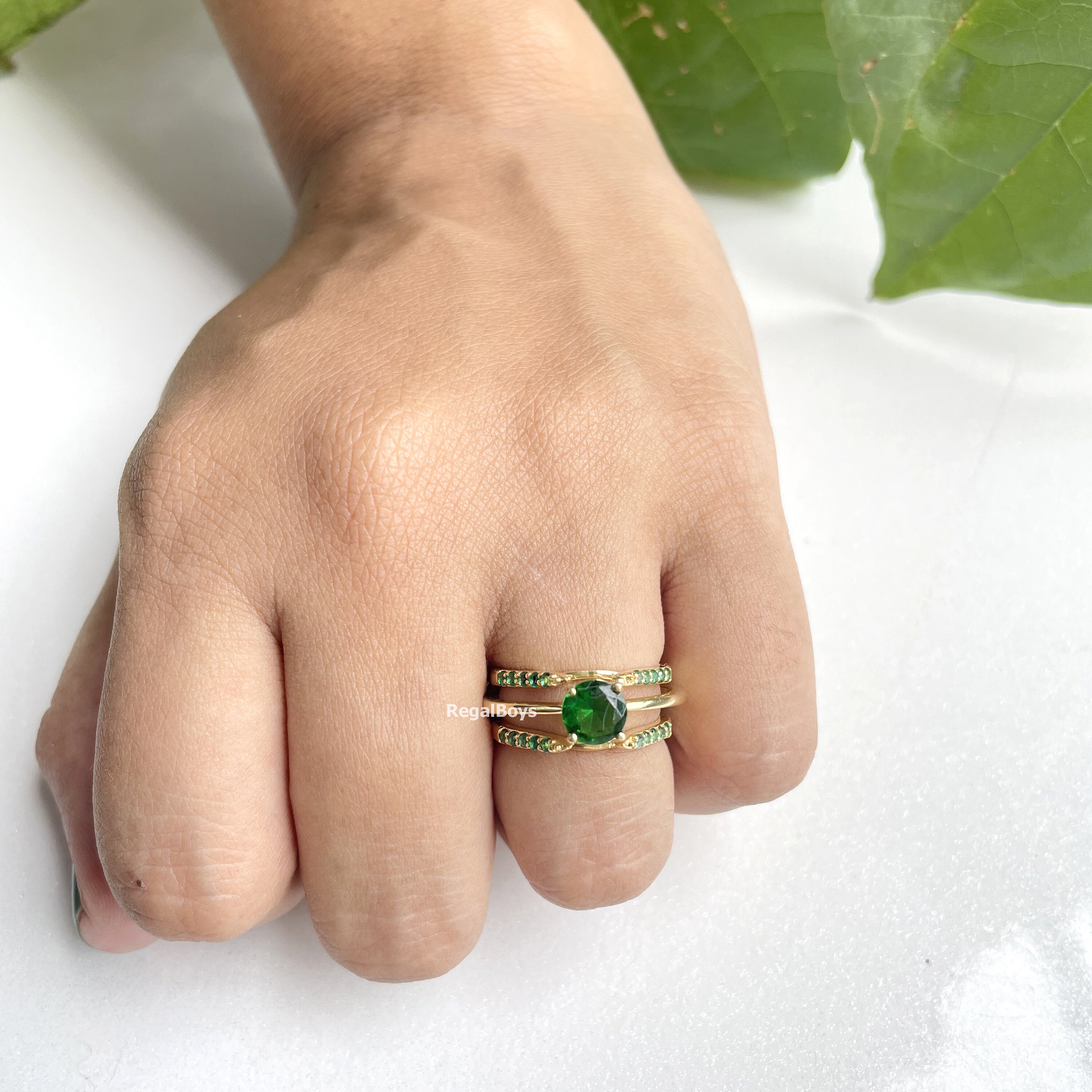 Round Green Emerald Enhancer Ring, 14K Gold Finish Emerald Ring Guard ...