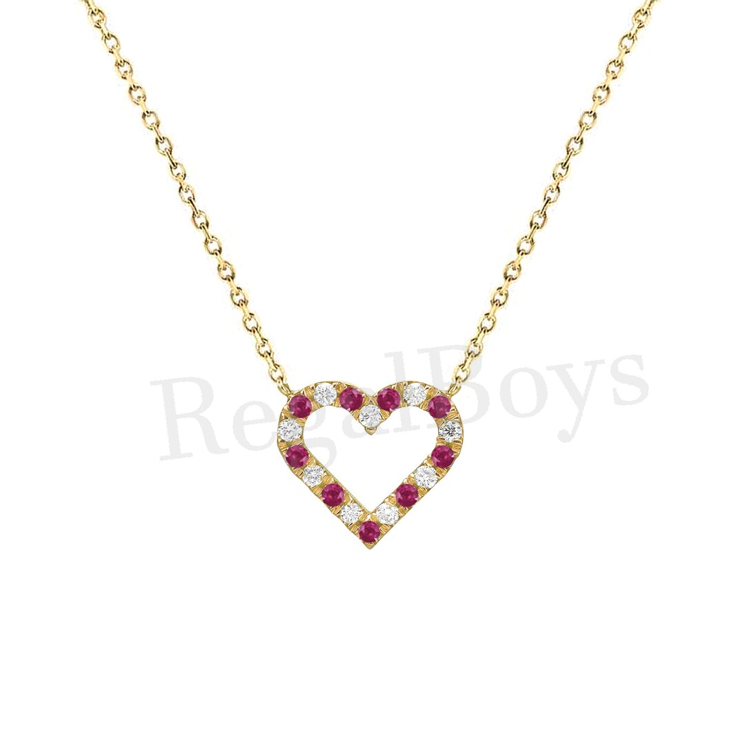 Alternate Red Ruby & Diamond Open Heart Necklace for Women,14k Gold ...