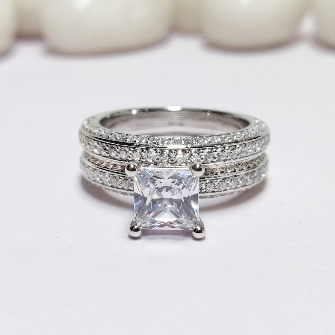 3 Row Princess Cut Engagement Ring & Wedding Band for Women,14k Gold ...