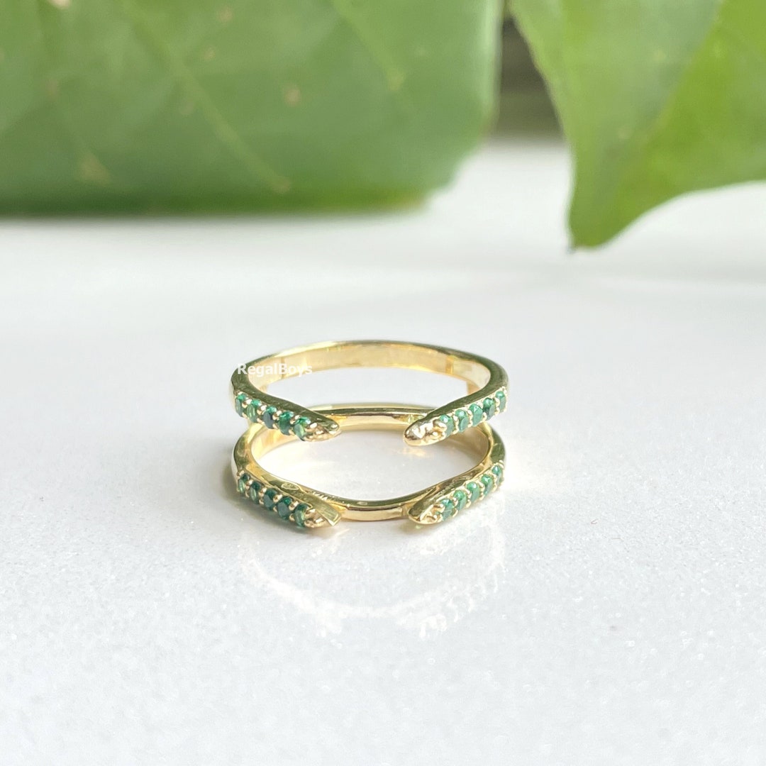 Round Green Emerald Enhancer Ring, 14K Gold Finish Emerald Ring Guard ...