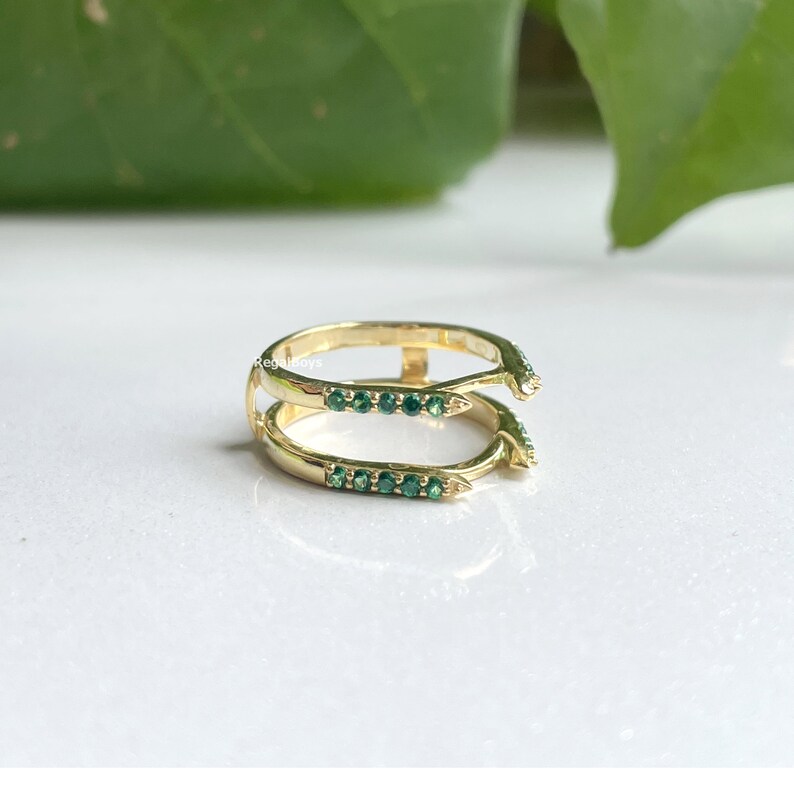 Round Green Emerald Enhancer Ring, 14K Gold Finish Emerald Ring Guard ...