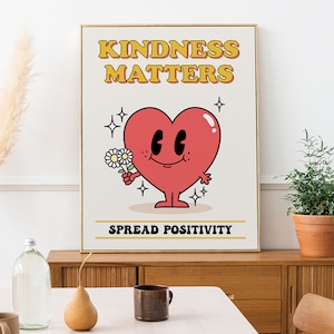 Kindness Matters Wall Art Print, Retro Heart Poster Digital Download ...