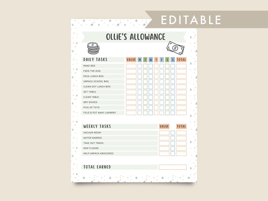 Allowance Chart for Kids Instant Download, Printable Chore and ...