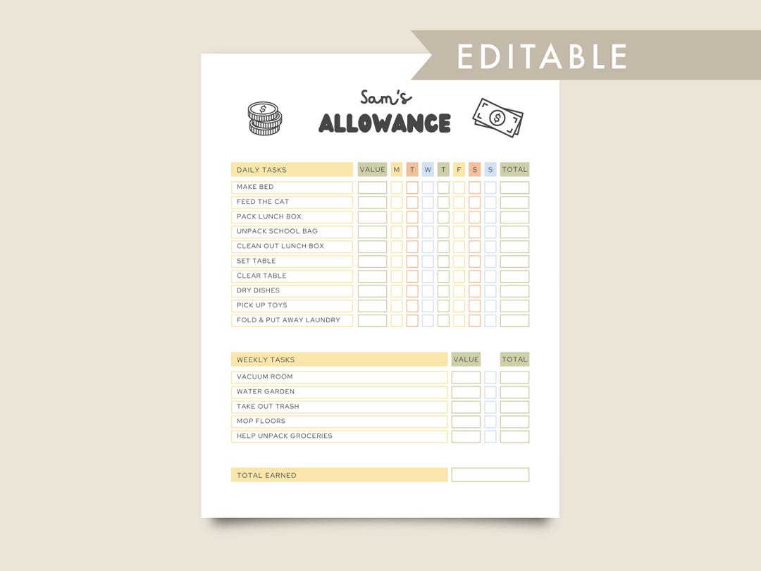 Allowance Chart for Kids, Editable Toddler Pocket Money and Chore ...
