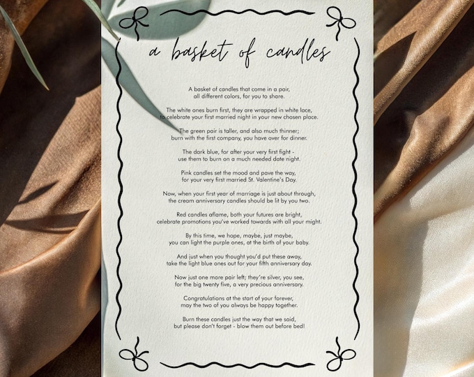 8.5x11 Basket of Candles Printable Poem, Newlywed Gift Basket, Bridal ...