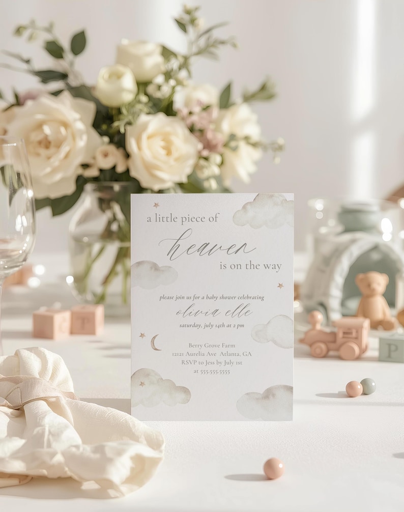 Heaven Sent Baby Shower Invitation Digital Neutral Cloud 9 A Little ...
