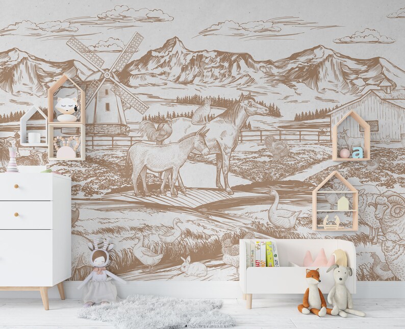 Removable Horse Farm Wallpaper- Farm Animals Mural- Nursery Room Decor ...
