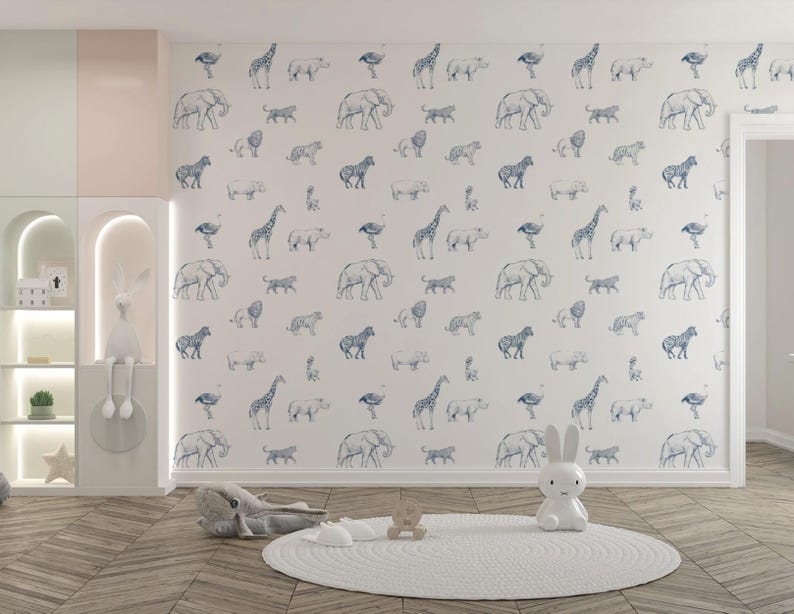 Safari Animal Pattern Wallpaper for Kids Room – Blue Watercolor Jungle ...