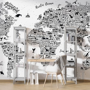 WORLD MAP WALLPAPER- Nursery Room Decor- Black and White Educational ...