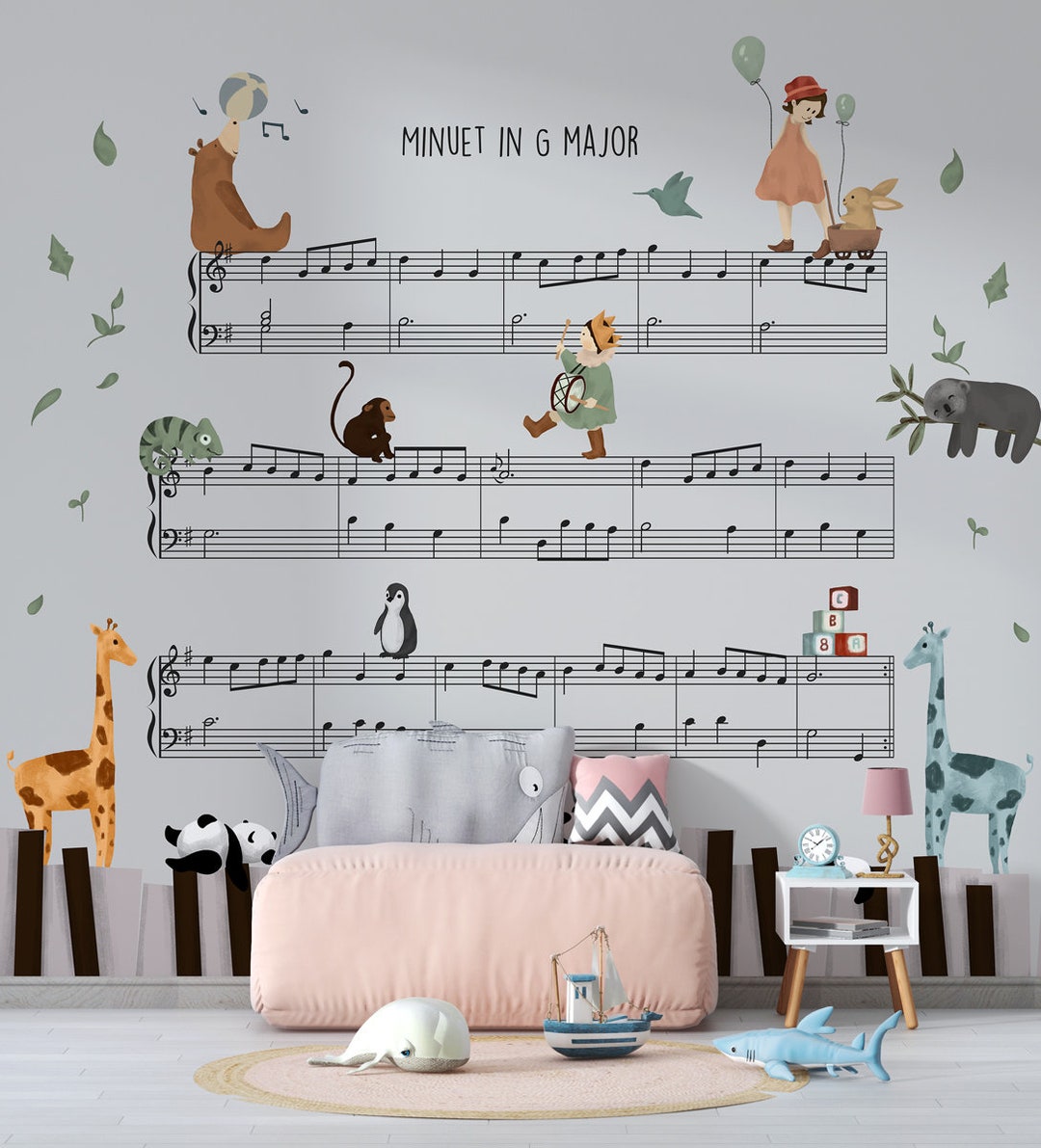 MUSIC NOTES WALLPAPER, Adhesive Musical Notes With Animals Mural ...