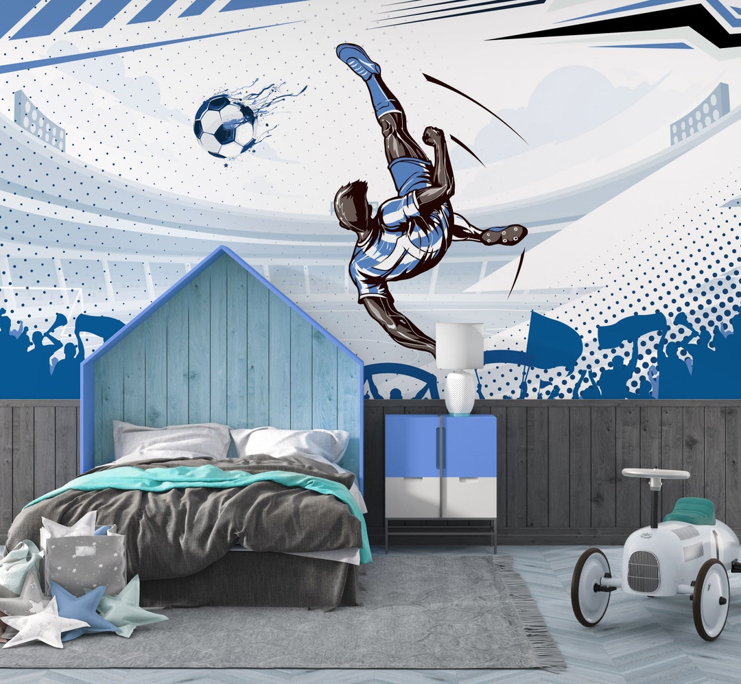 Football Design Wallpaper for Kids Room- Blue Soccer Design Mural for ...