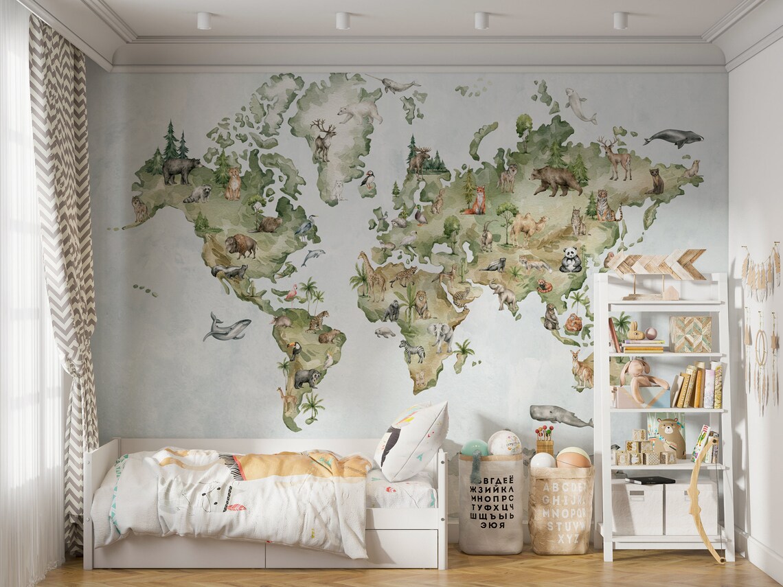 World Map Wallpaper for Kids Room Nursery Educational Map - Etsy