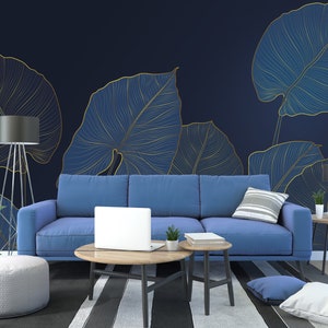 Navy Blue Leaves Peel and Stick Wallpaper , Big Tropical Leaves Mural ...