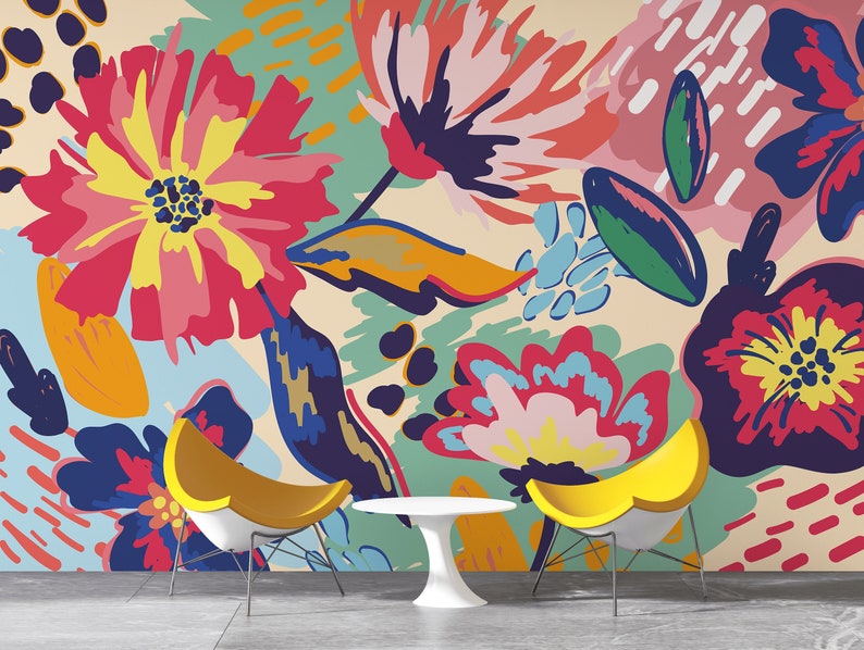 Colorful Art Style Floral Wall Mural Paint Effected Colorful - Etsy